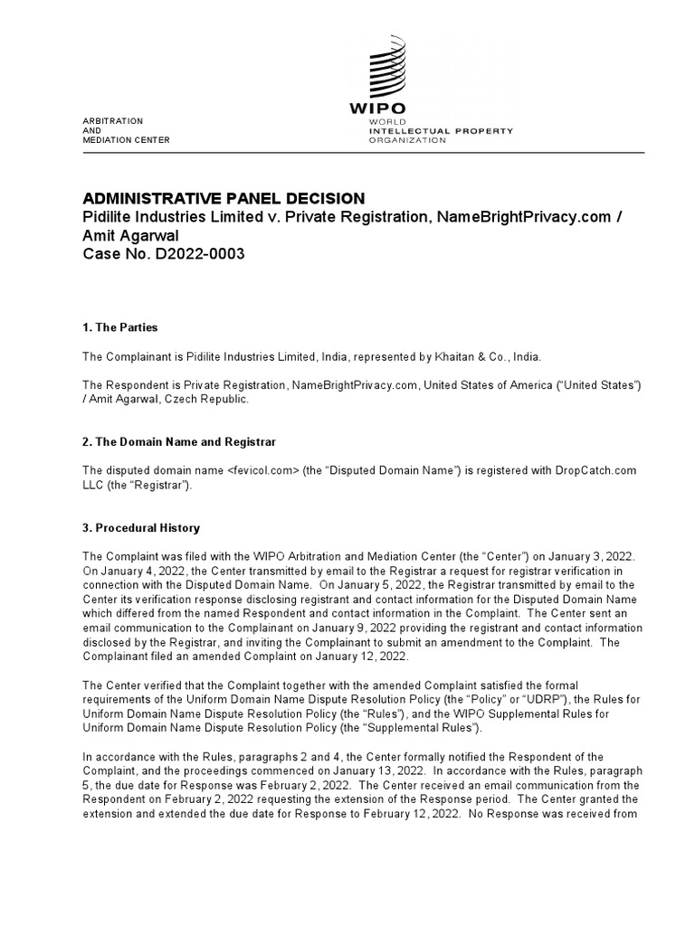 Administrative Panel Decision: Amit Agarwal Case No. D2022-0003 | Download Free PDF | Trademark ...