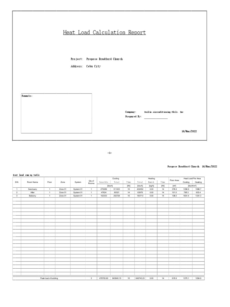 Bradford Church Heat Load Calculation | PDF