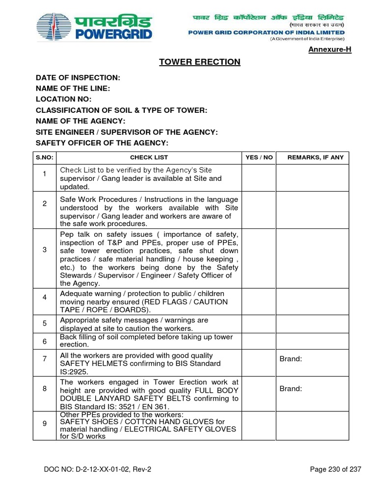 Safety Audit Checklist - Tower Erection | PDF | Personal Protective Equipment | Safety