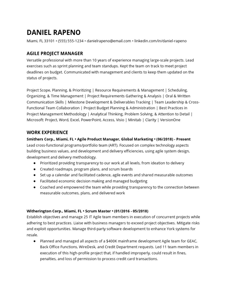 Agile Project Manager Resume | PDF | Scrum (Software Development ...