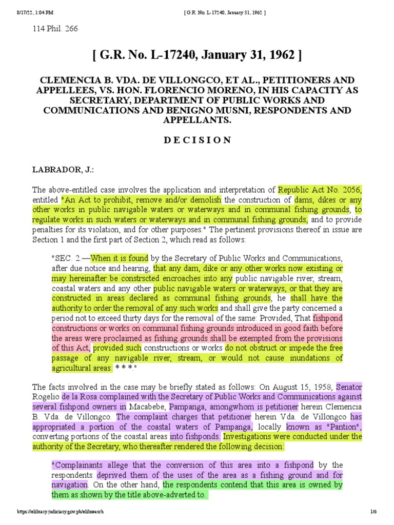 Villongco, Et Al. v. Florencio Moreno, Et Al. L-17240, Jan. 31, 1962 ...