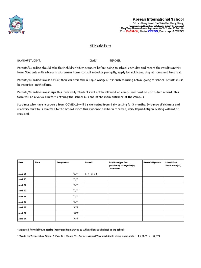 KIS Primary Health Form. Apr 2022 - 2 | PDF