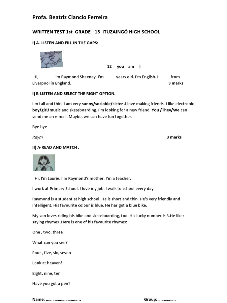 1st Grade High School-Written Test | PDF