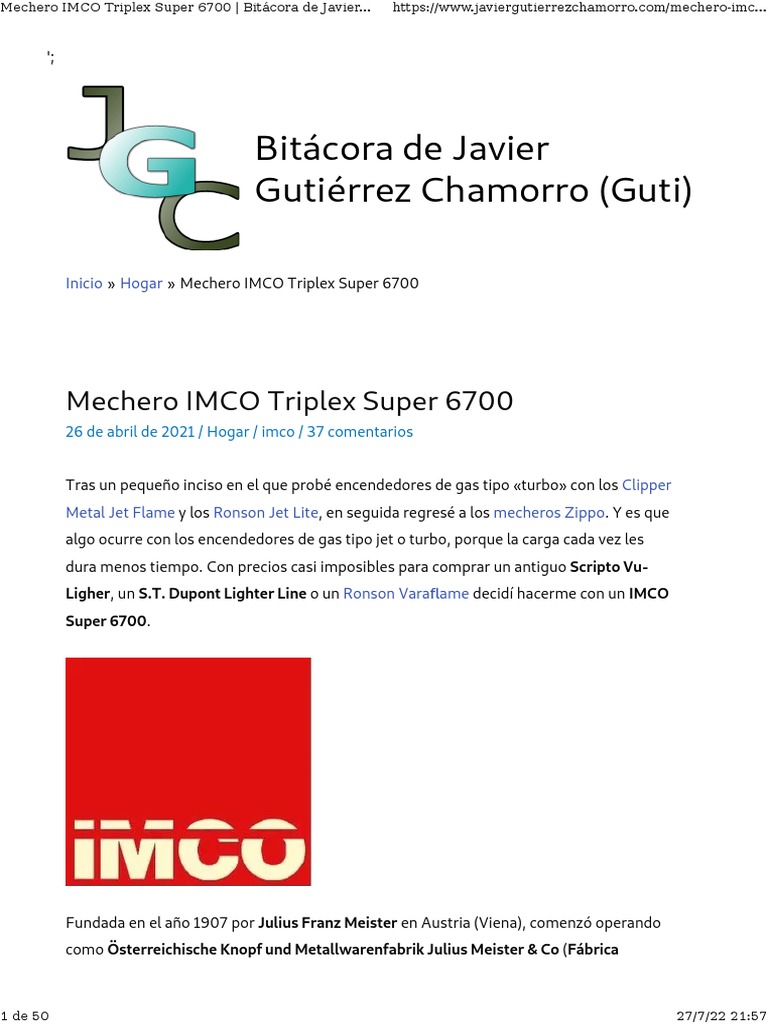 Historia del Mechero IMCO 6700 | PDF | Hogar, jardinería y bricolaje