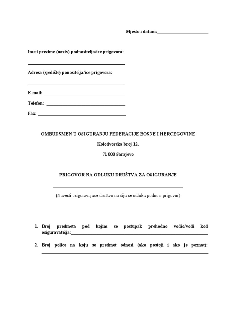 Obrazac Prigovora | PDF