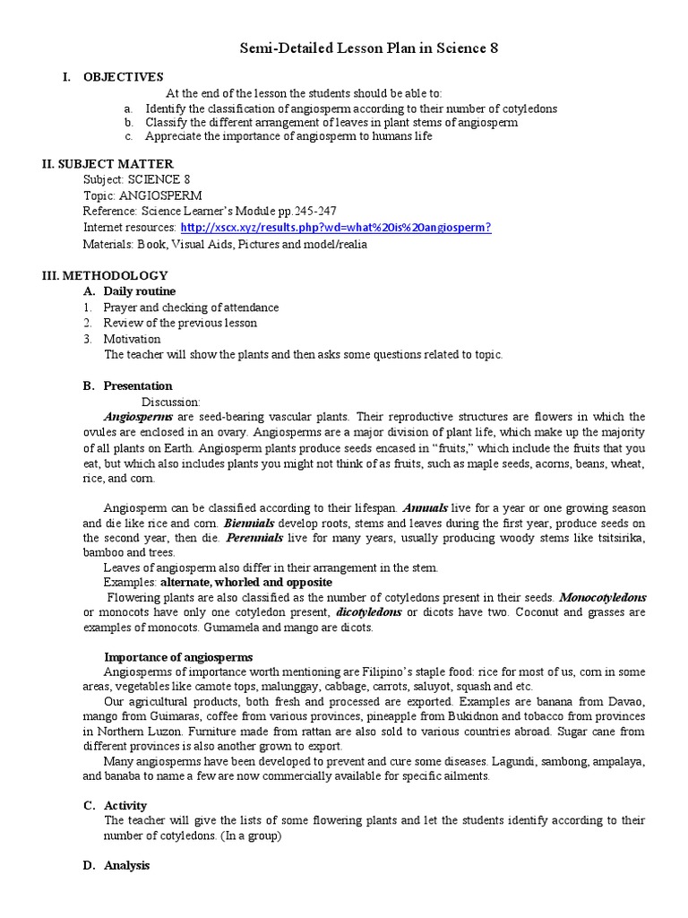 Science 8 Lesson Plan | PDF | Seed | Plant Stem