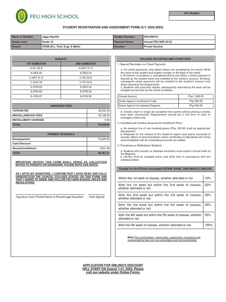 Student Registration and Assessment Form (S.Y. 2022-2023) | PDF ...