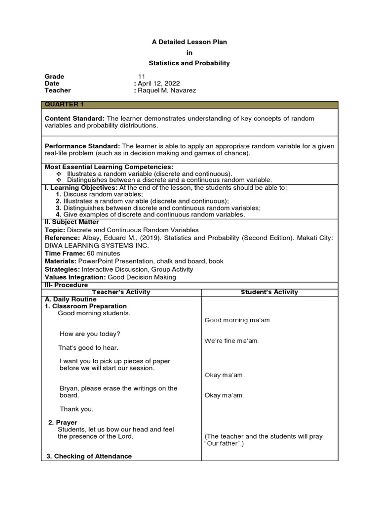 A Detailed Lesson Plan Iin Statistics and Probability | PDF ...