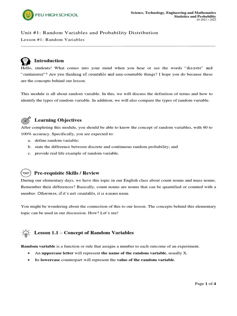 Module 1 - Random Variables | PDF | Random Variable | Probability Distribution
