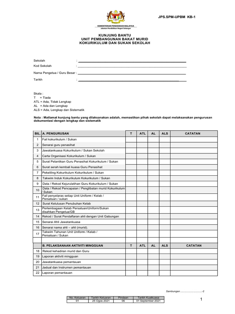 Instrumen Pemantauan Pengurusan Kokurikulum Sekolah 2021 | PDF
