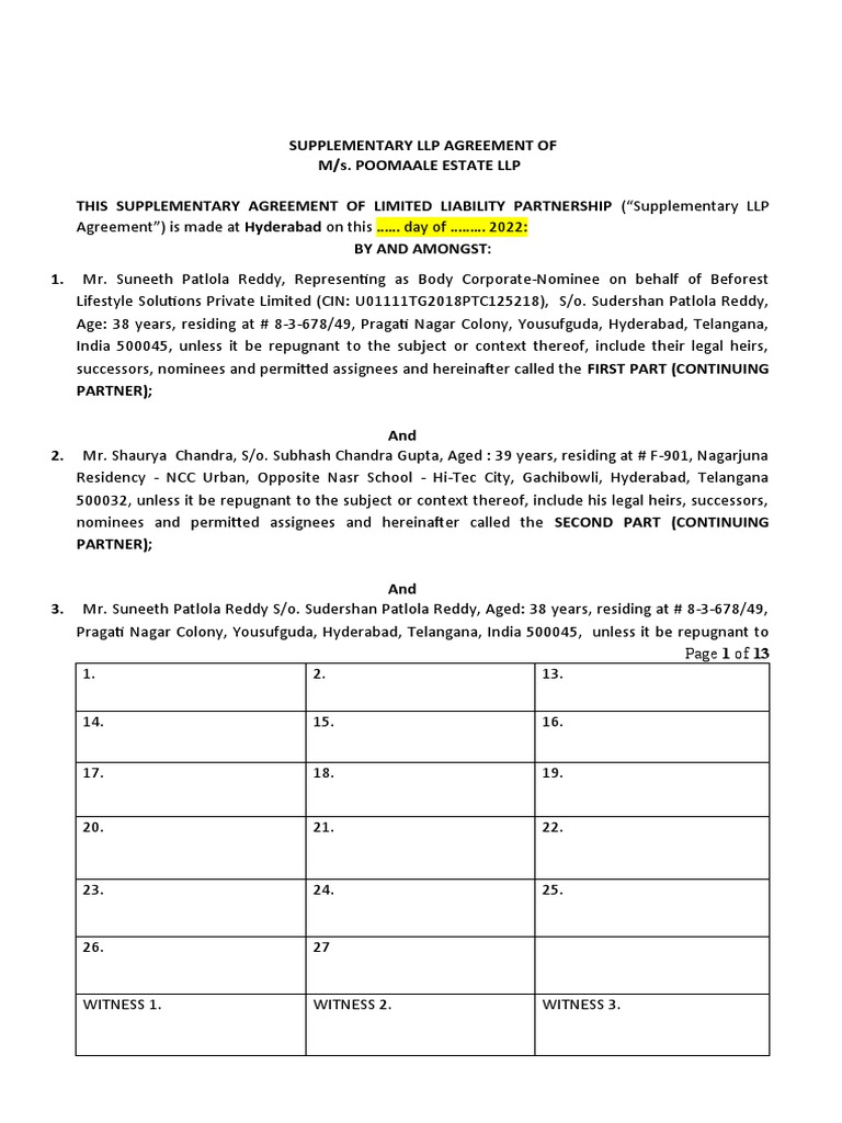 Format of Supplementary LLP Agreement For Admission and Resignation of ...