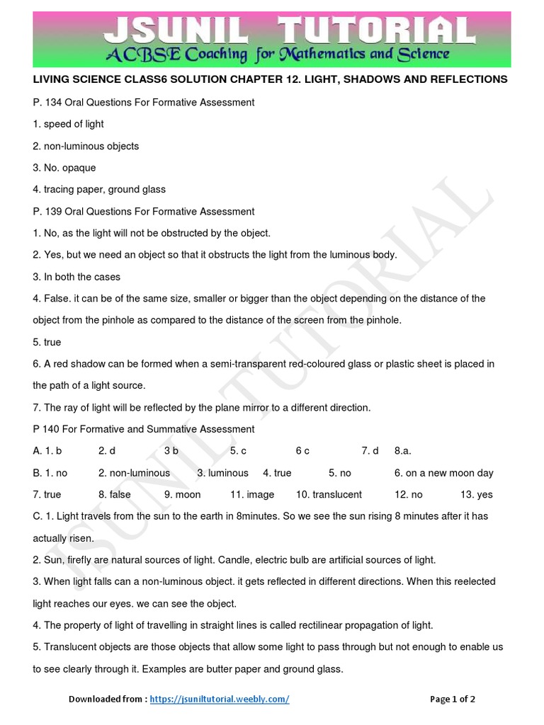 Living Science Class6 Solution Chapter12 | PDF | Shadow | Light