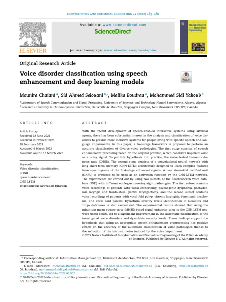 Voice Disorder Classification Using Speech Enhancement and Deep ...