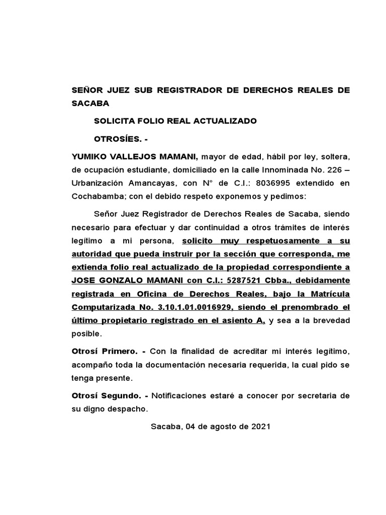 Solicitud de folio real actualizado para continuar con trámites de ...