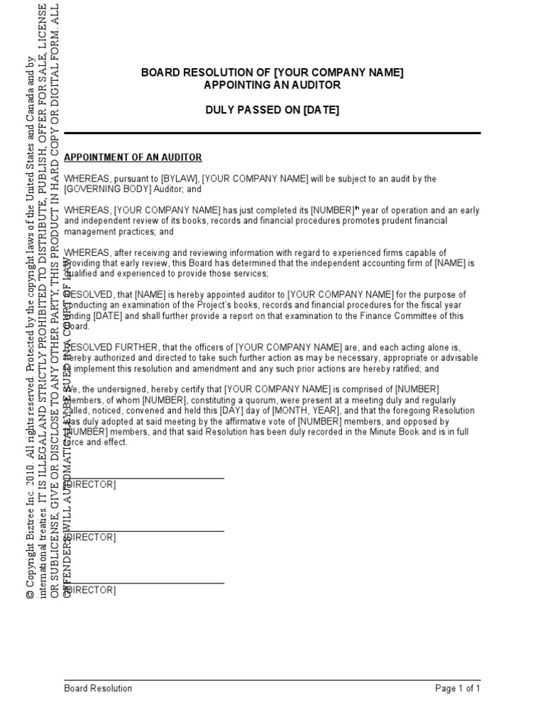 Board Resolution Appointing An Auditor | PDF | Copyright | Ratification