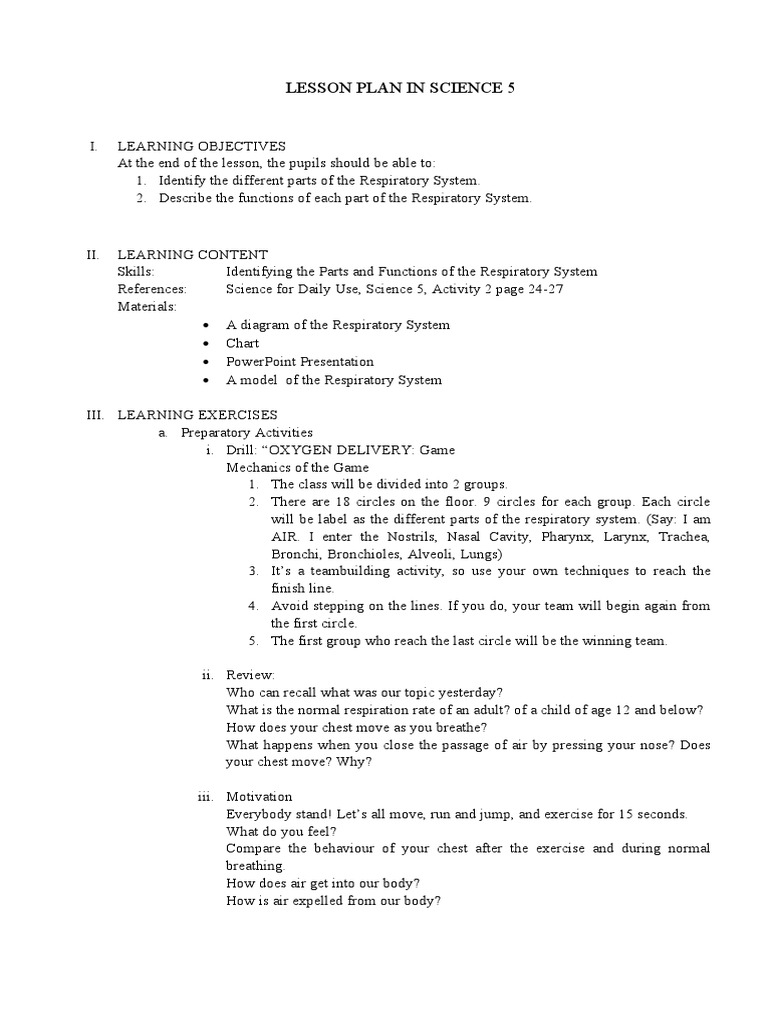 Grade 5 Respiratory System Lesson Plan | PDF | Respiratory Tract ...