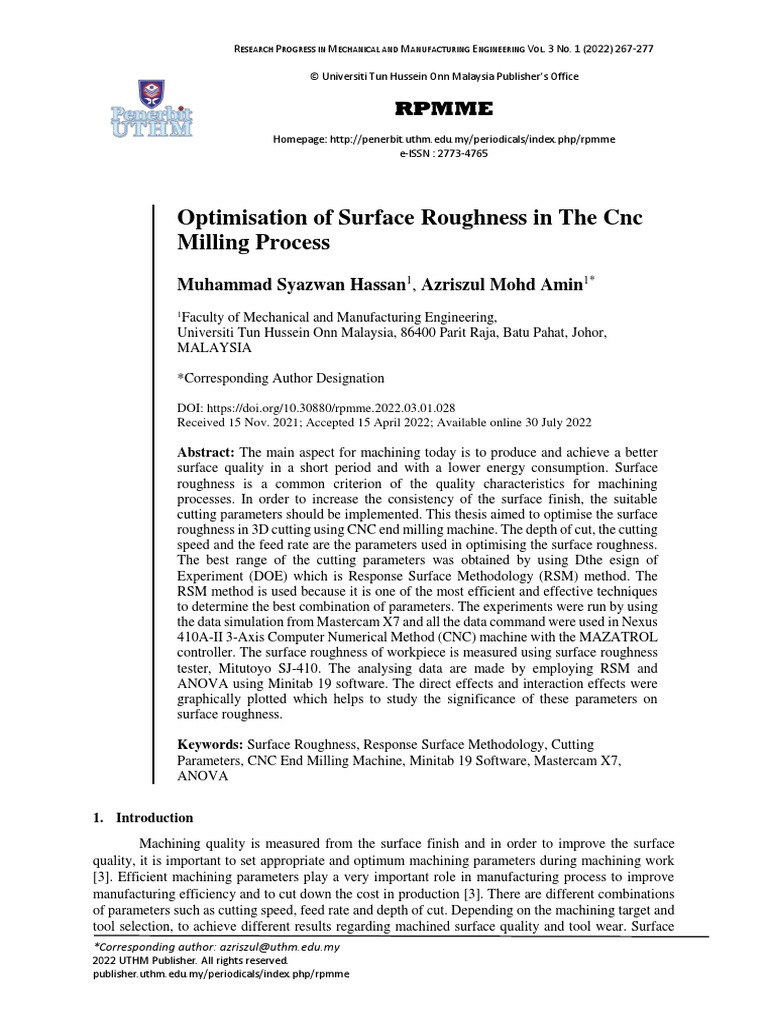 Optimisation of Surface Roughness in The CNC Milling Process | PDF | Analysis Of Variance ...