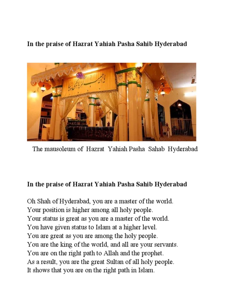 In The Praise of Hazrat Yahiah Pasha Sahab Hyderabad | PDF