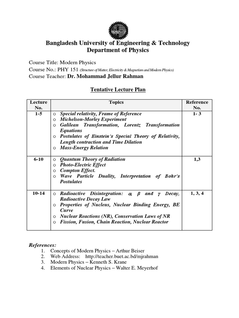 Lecture Plan Modern Physics - CE | PDF | Science & Mathematics