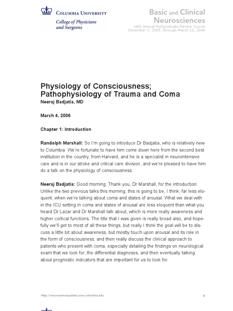 Physiology of Consciousness Pathophysiology of Trauma and Coma | PDF ...