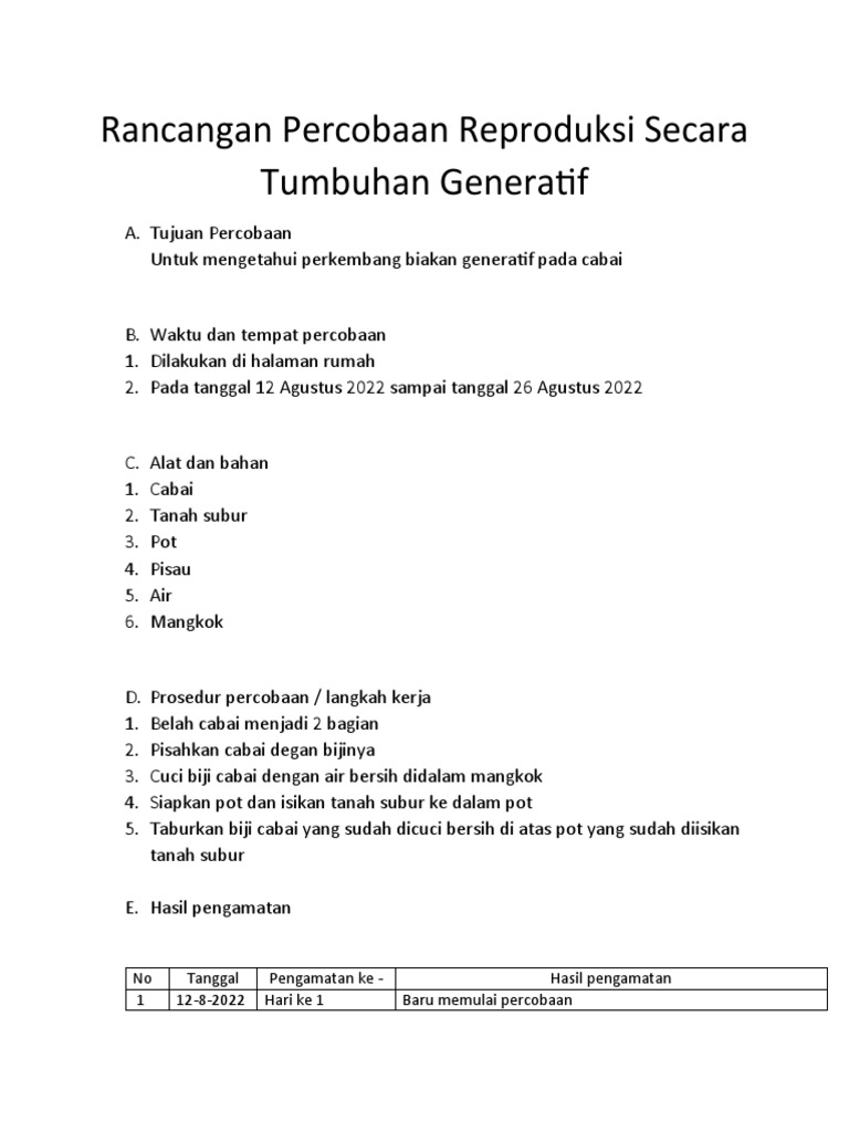 Rancangan Percobaan Reproduksi Secara Tumbuhan Secara Generatif | PDF