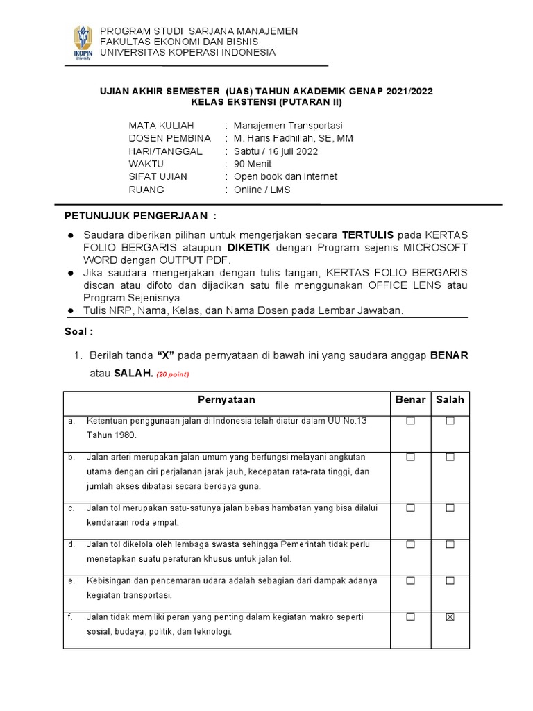 UAS 2 Manajemen Transportasi (Pa Haris) 2 | PDF