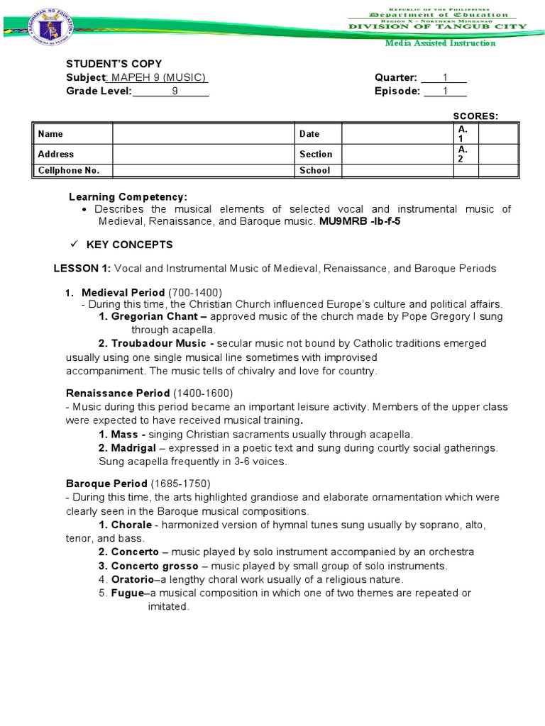 MAPEH 9 Q1-Week 1 (Music) | PDF | Choir | Baroque Music