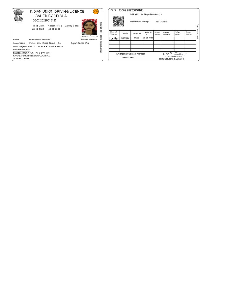 Indian Union Driving Licence Issued by Odisha | PDF | Land Transport ...