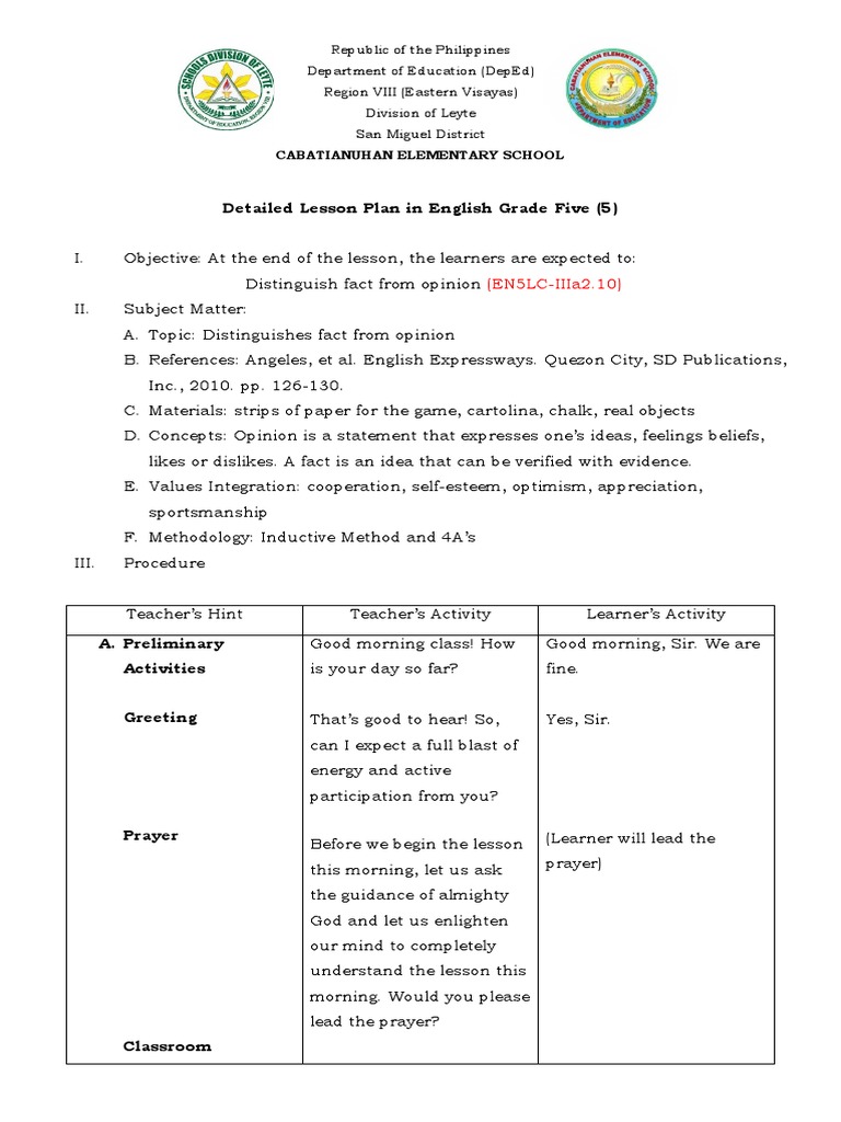 A Semi-Detailed Lesson Plan in ENG 5 | PDF | Lesson Plan | Teachers