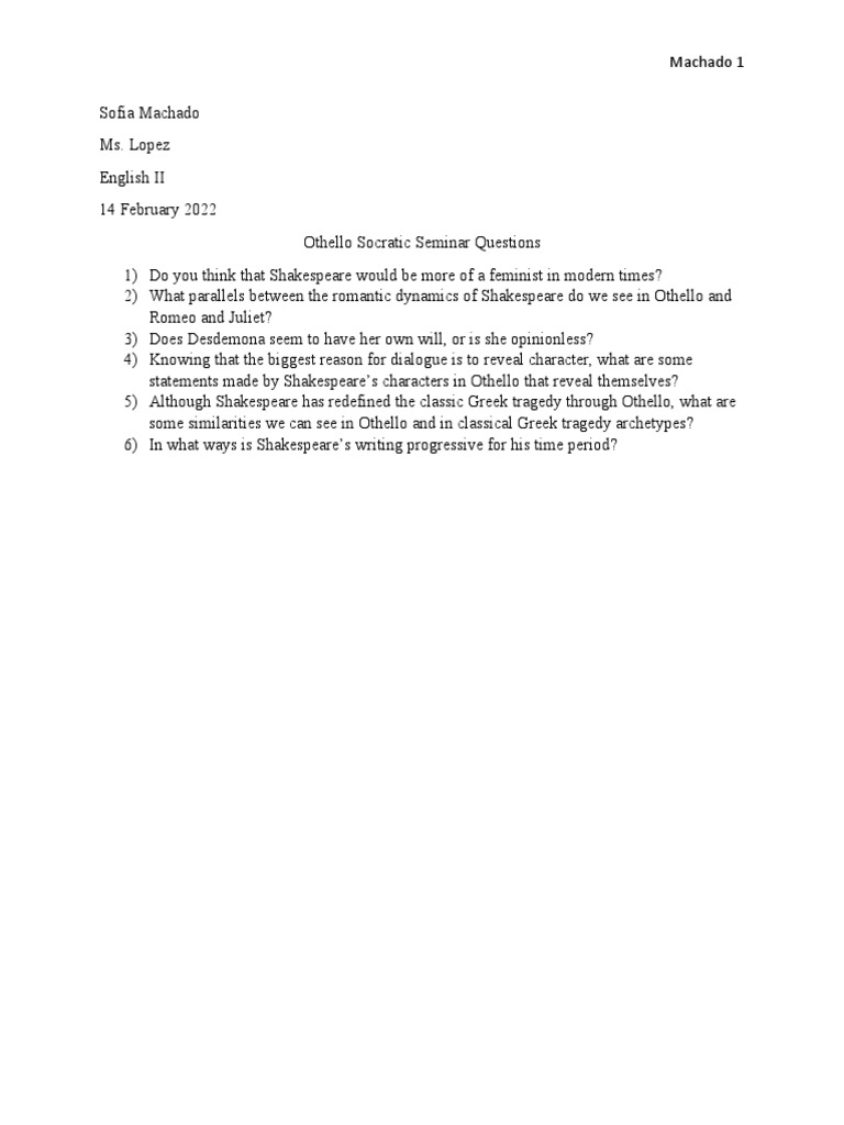 Othello Socratic Seminar | PDF