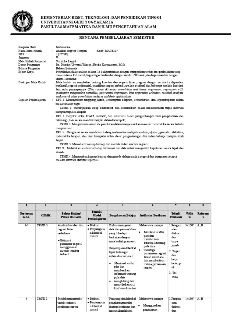 RPS Analisis Regresi Terapan UNY | PDF