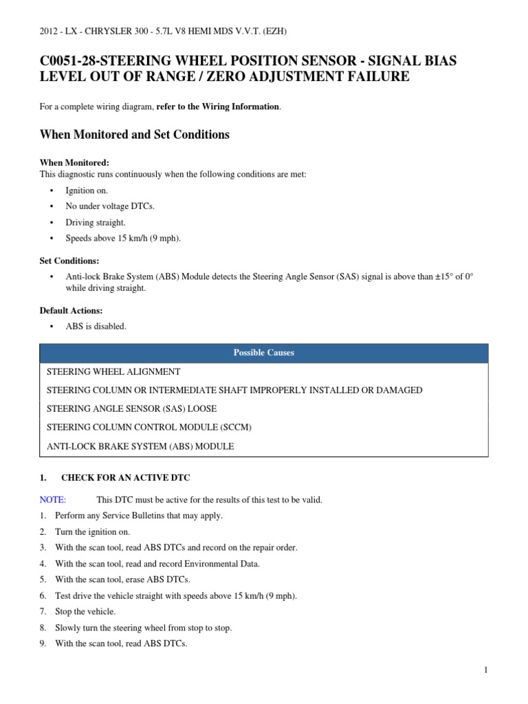 C0051-28-Steering Wheel Position Sensor - Signal Bias Level Out of ...