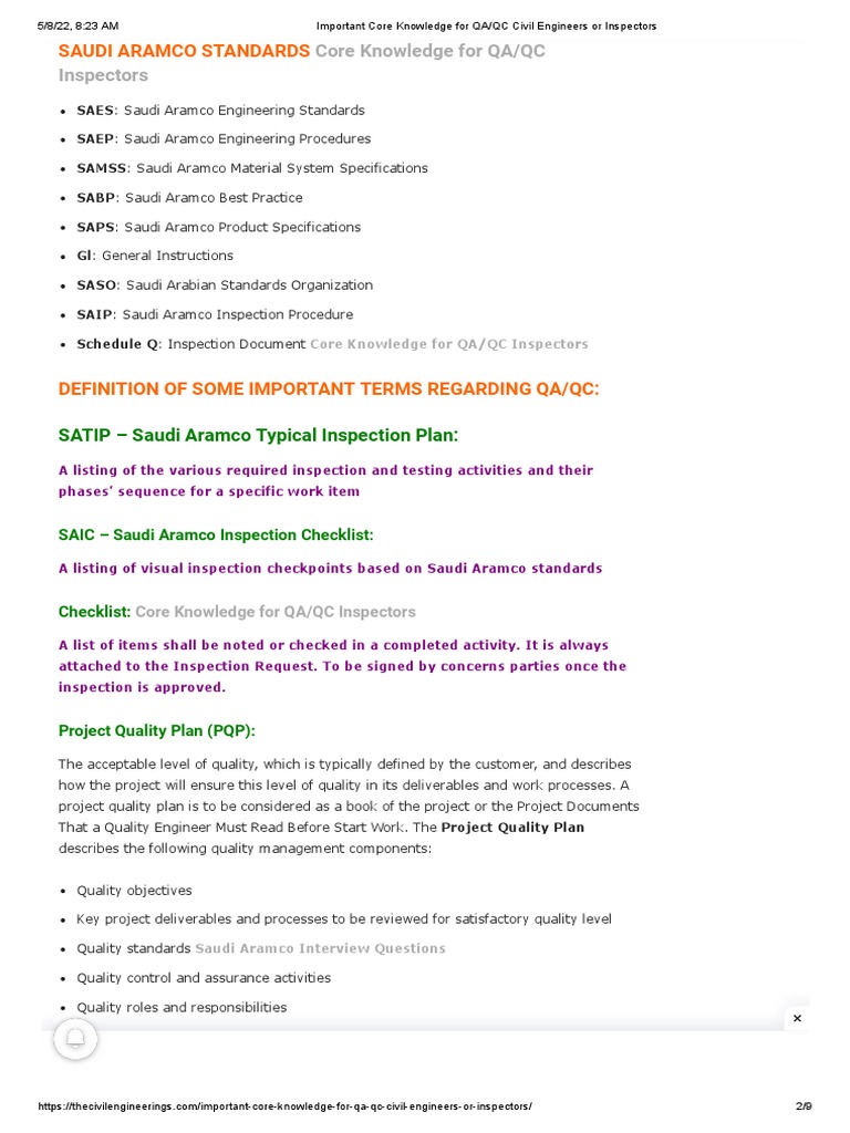 Important Core Knowledge For QA - QC Civil Engineers or Inspectors | PDF | Quality Assurance ...