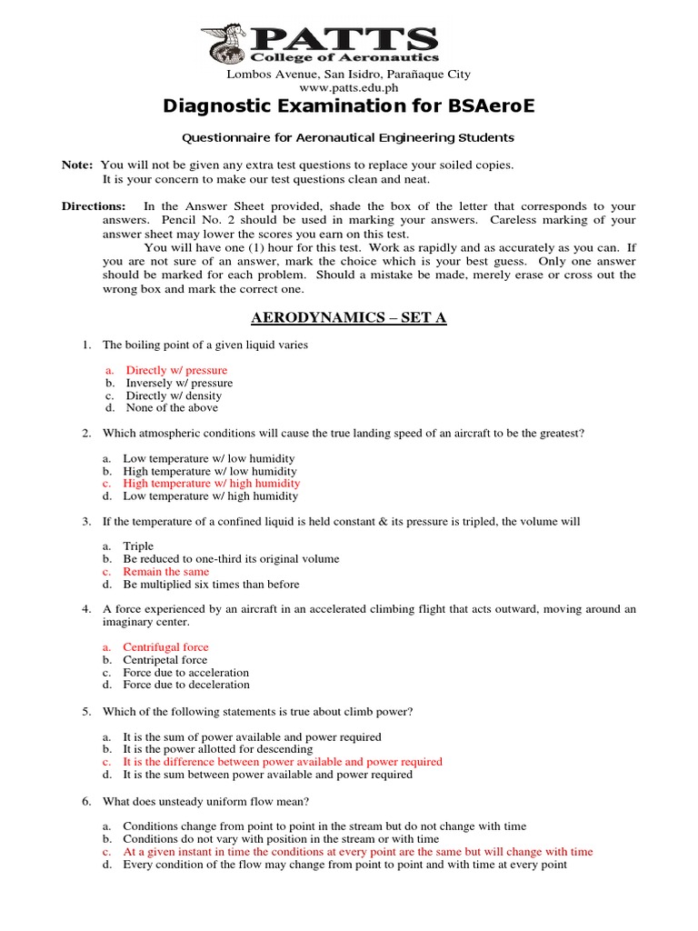 2019 Final Diagnostic Exam Aerodynamics Questions Set A | PDF ...