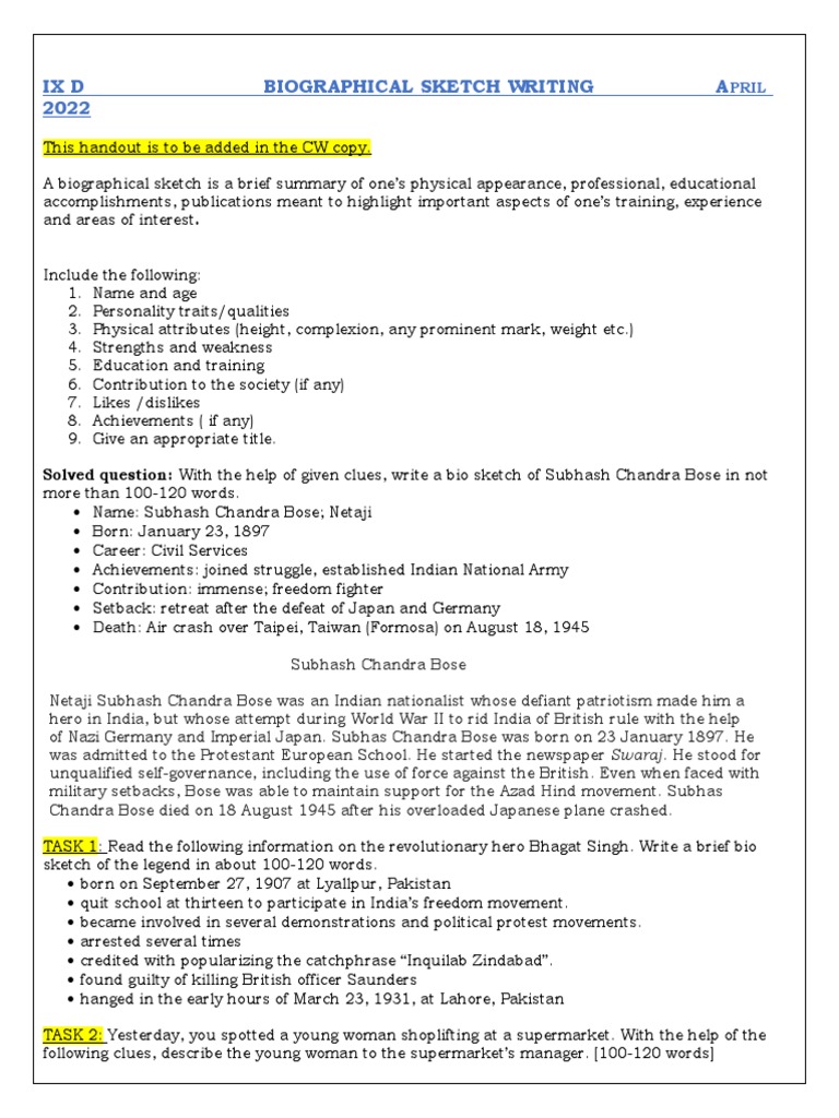 Class IX Writing Tasks - Bio Sketch | PDF | Indian Independence ...