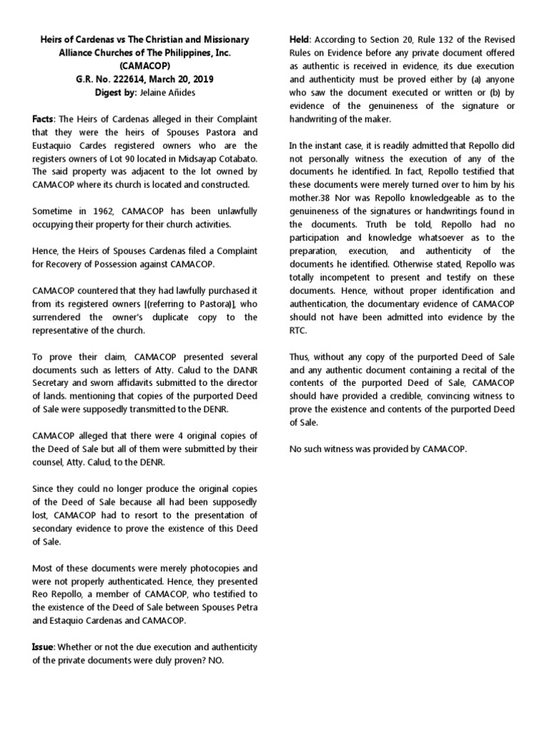 Heirs of Cardenas Vs CAMACOP | PDF | Witness | Common Law