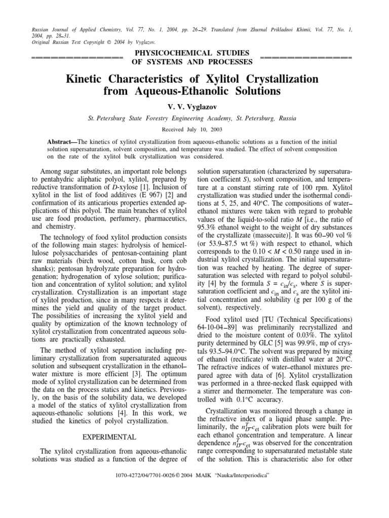 Kinetic Characteristics of Xylitol Crystallization From Aqueous Ethanolic Solutions | PDF ...