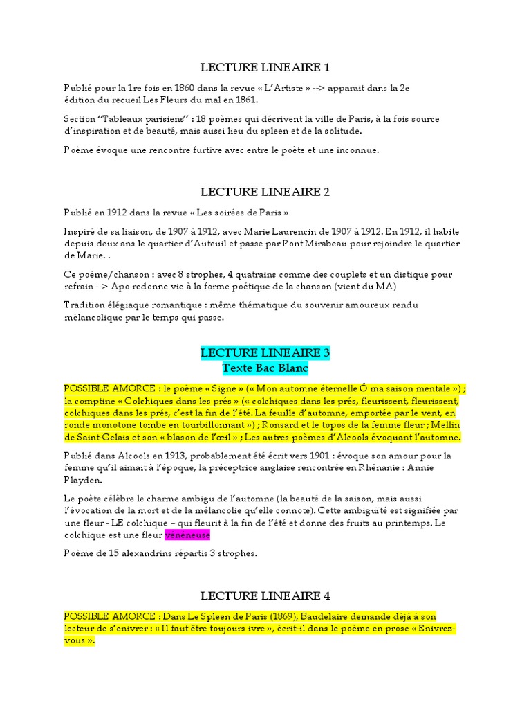 Intro Lecture Linéaire Bac | PDF | Madame Bovary | Romans
