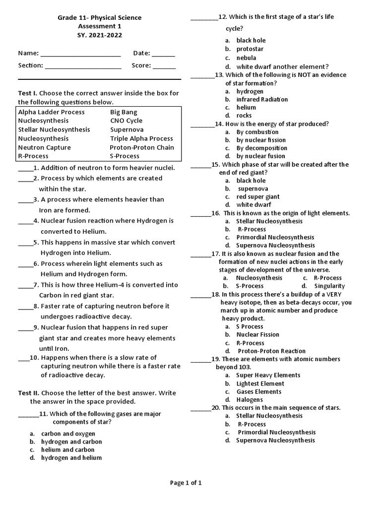 PHYSICAL SCIENCE - Assessment1 SY. 2021 2022 | PDF | Chemical Elements ...