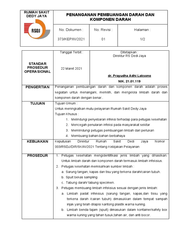 Spo Penanganan Pembuangan Darah Dan Komponen Darah | PDF | Pengembangan Diri | Sains & Matematika