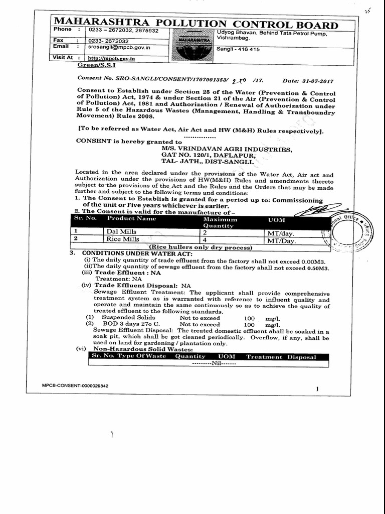 Maharashtra Pollution Control Board: Consent No. SRO-SANGLI/CONSENT/1 ...