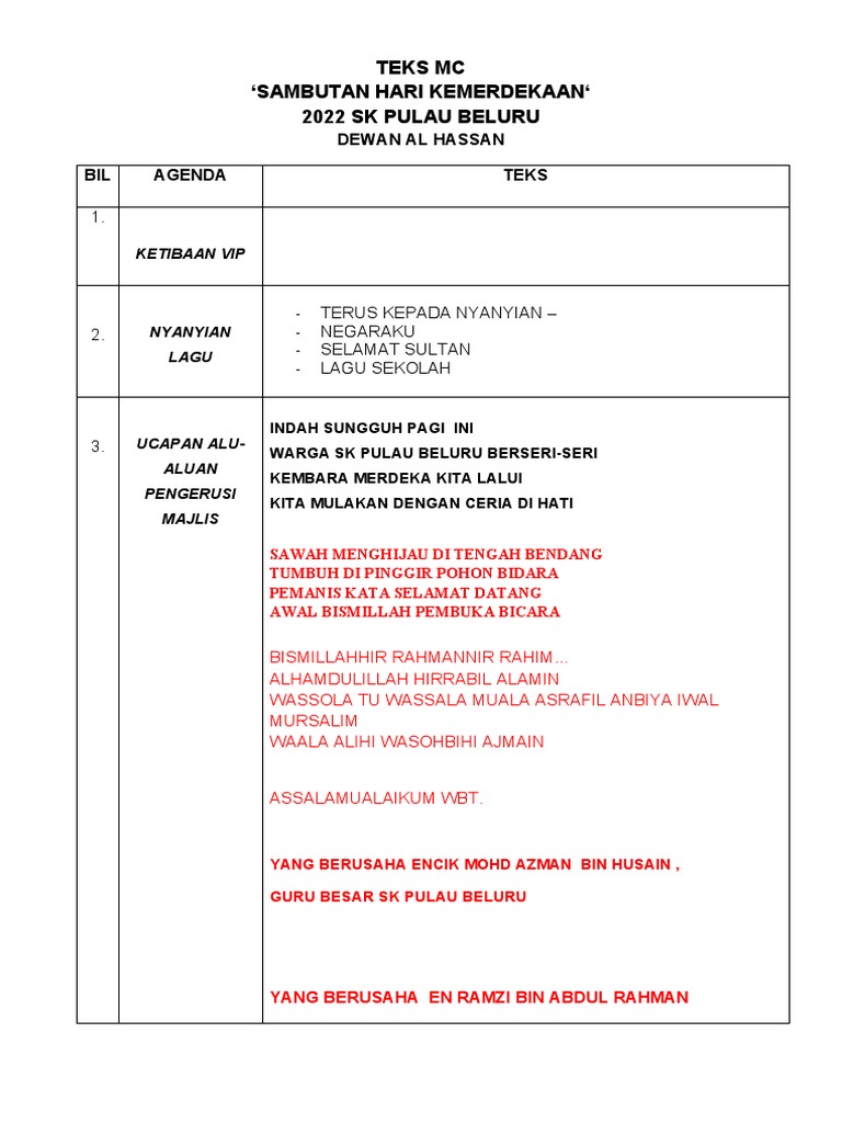 Teks MC Sambutan Hari Kebangsaan SKPB 2022 | PDF | Agama & Spiritualitas
