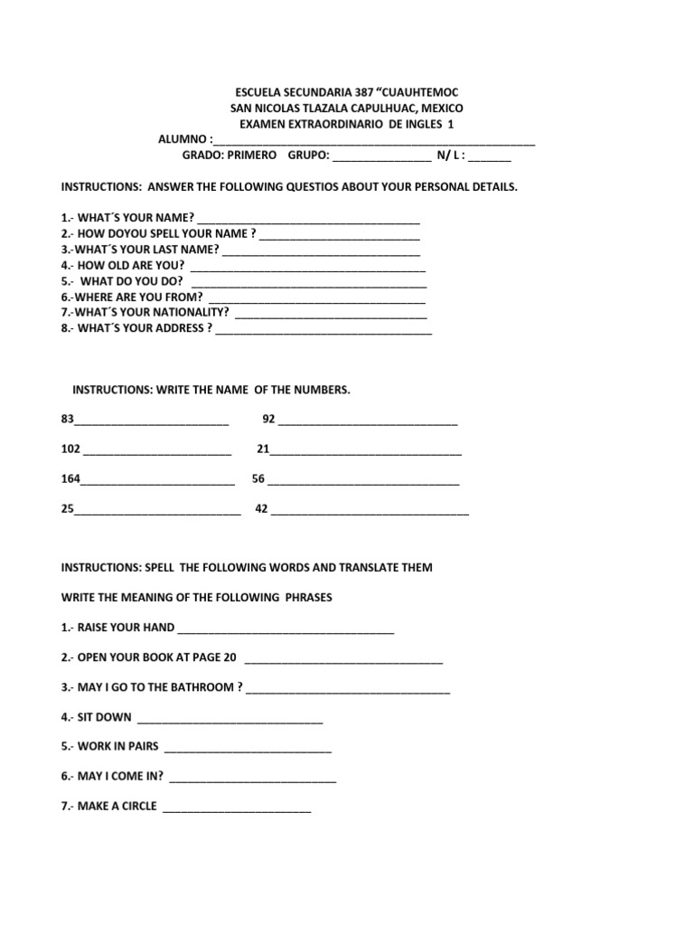 Exa Recu Ingl 1 | PDF