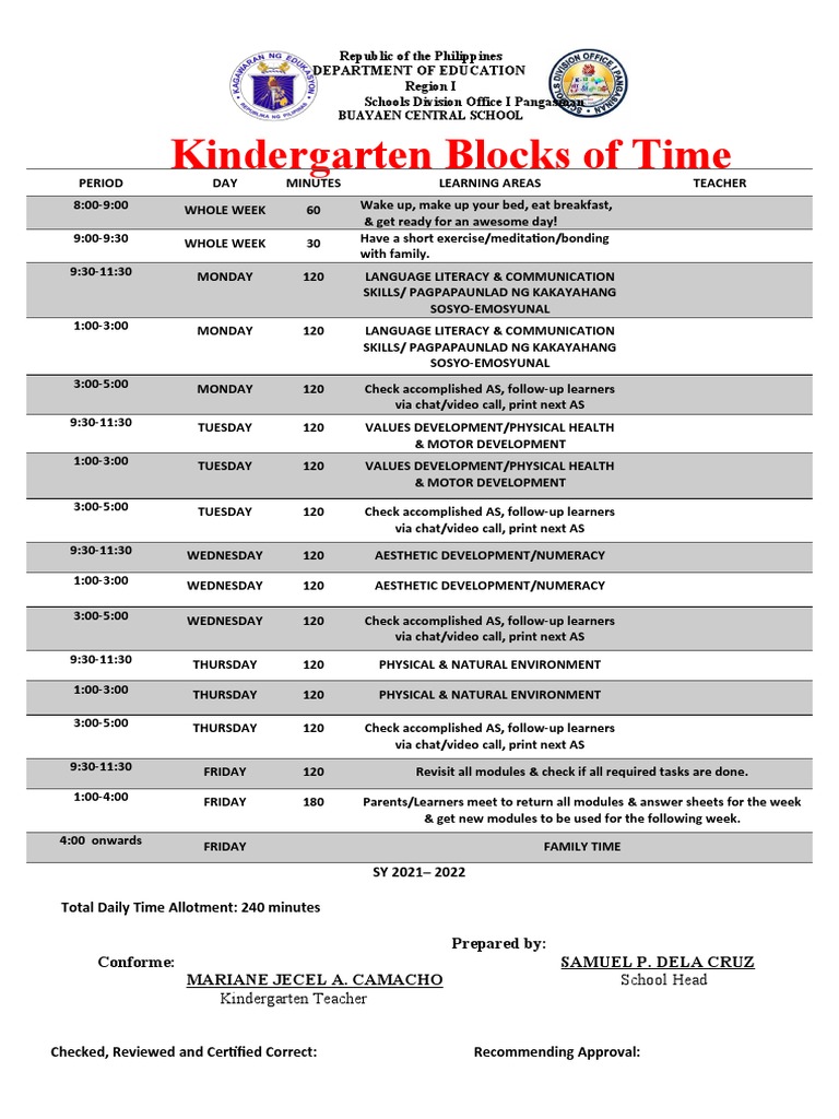 Kindergarten BLOCKS OF TIME | PDF | Teaching | Cognitive Science