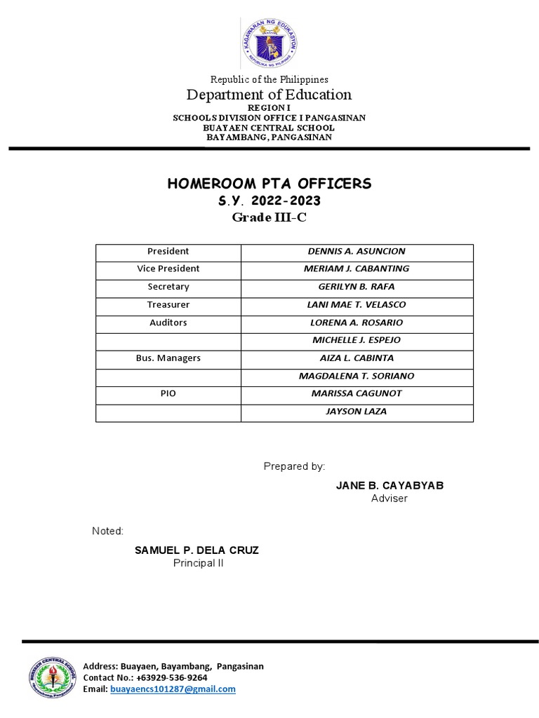 Election of Homeroom Parent-Teacher Association Officers for Grade III ...