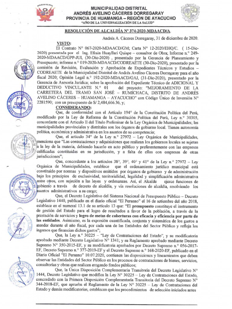 Resolución #374-2020 Aprob Adicional de Obra | PDF