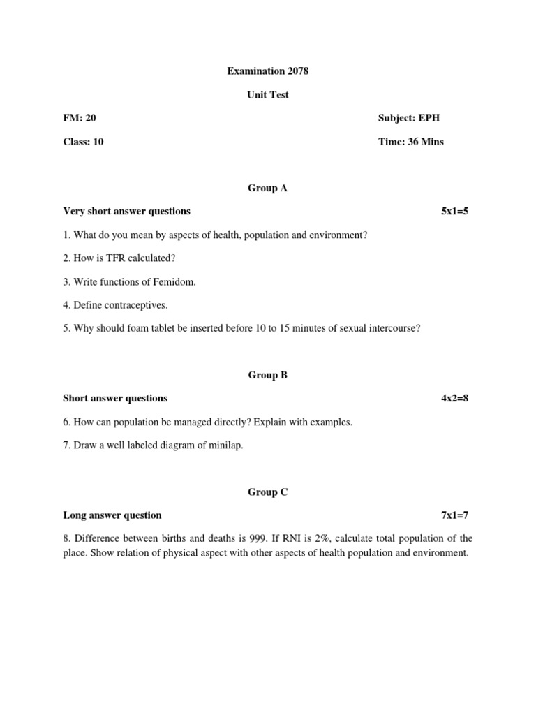 EPH Unit Test 2078 for Class 10 | PDF