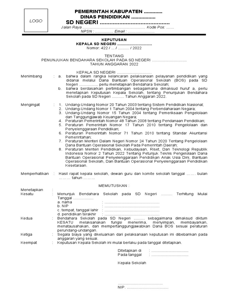 Contoh SK Bendahara Sekolah SD 2022 | PDF