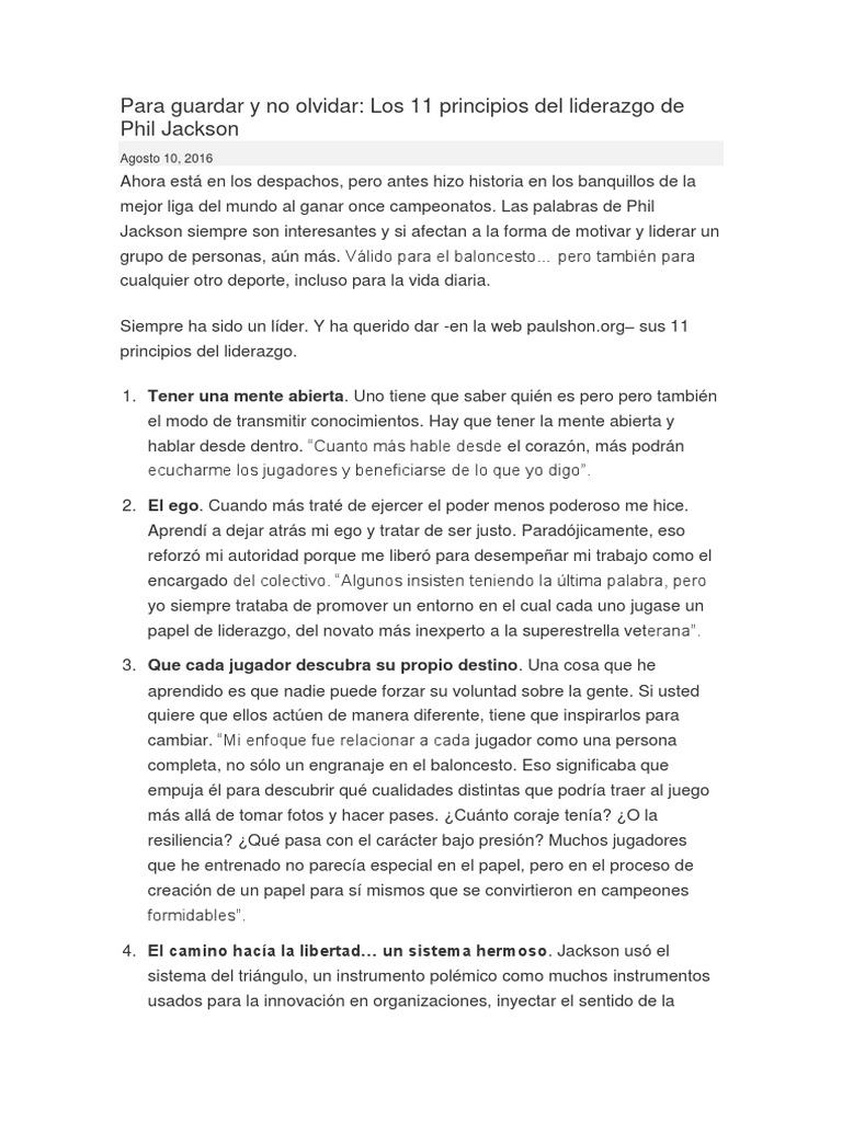 11 Principios de Liderazgo Phil Jackson | PDF | Liderazgo