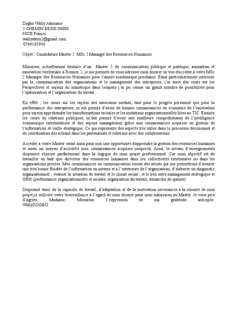 Lettre de Motivation MSC RH INSEEC | PDF | Gestion des ressources ...